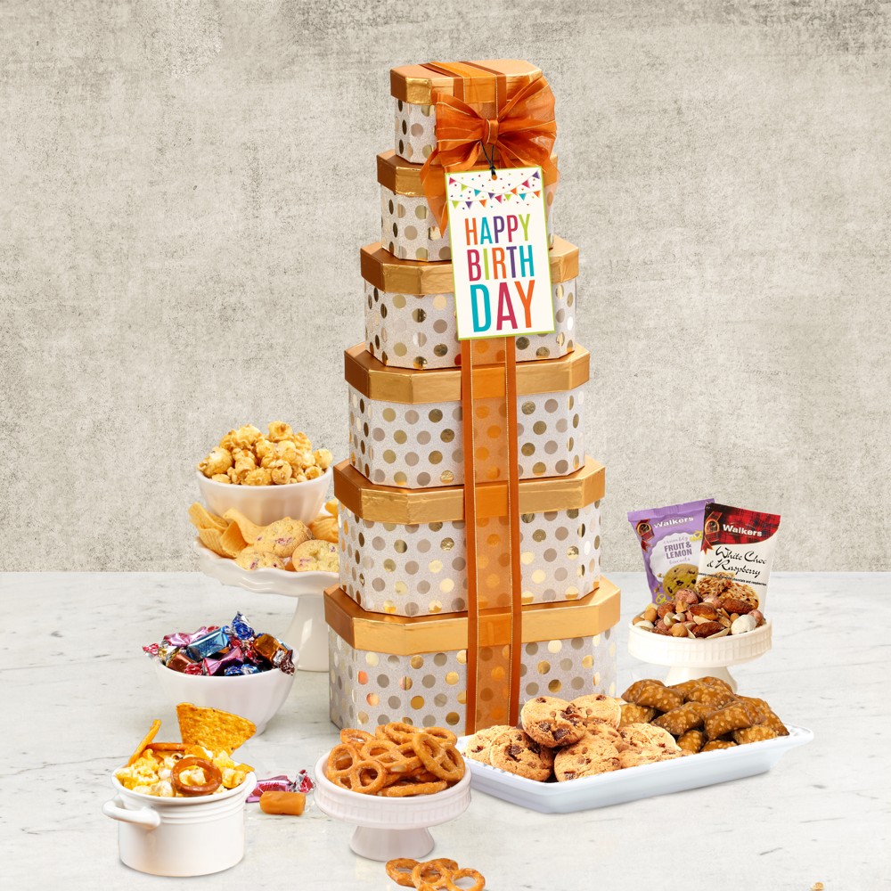 Buy our elegance birthday gift tower at broadwaybasketeers.com