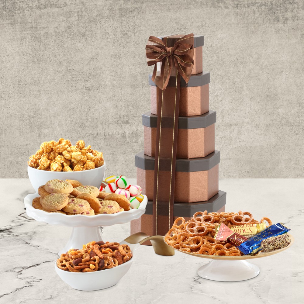 Buy our gourmet gift tower of sweets at broadwaybasketeers.com