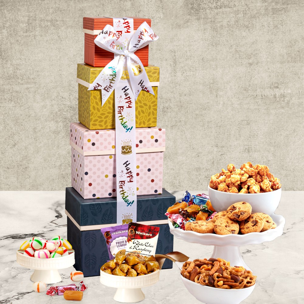 Buy our happy birthday sweets gift tower at broadwaybasketeers.com