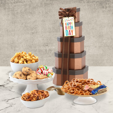 Buy our birthday tower of treats at broadwaybasketeers.com
