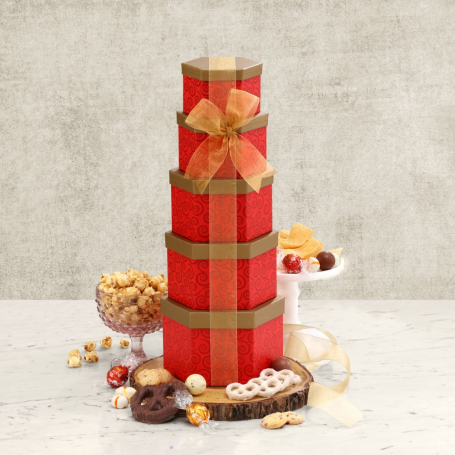 Buy our ruby red gift tower at broadwaybasketeers.com