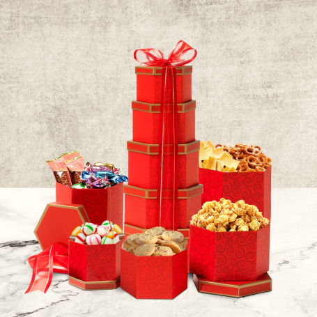 Buy our ruby red gift tower at broadwaybasketeers.com